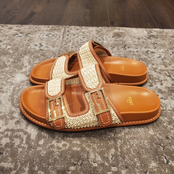 Fendi | Shoes | Fendi Feel Raffia Leather Slide Sandals 4 | Poshmark